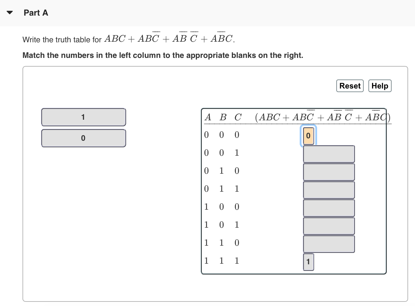 Solved Part A Write the truth table for ABC + ABC + AB C + | Chegg.com