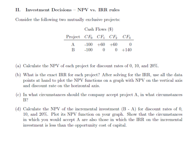 Solved II. Investment Decisions - NPV vs. IRR rules Consider | Chegg.com