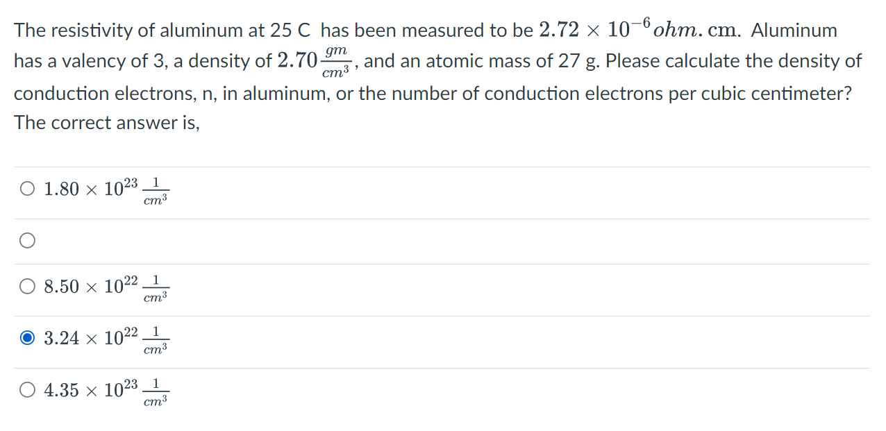 Solved The resistivity of aluminum at 25C has been measured | Chegg.com