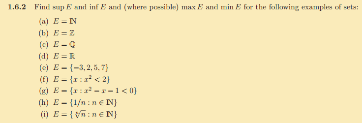 Solved 1.6.2 Find supE and infE and (where possible) maxE | Chegg.com