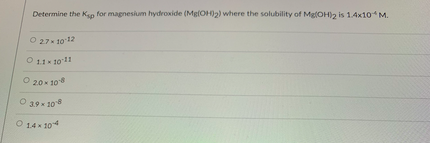 Solved Determine the Ksp for magnesium hydroxide (Mg(OH)2) | Chegg.com