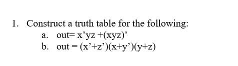 Solved 1. Construct a truth table for the following: a. out= | Chegg.com