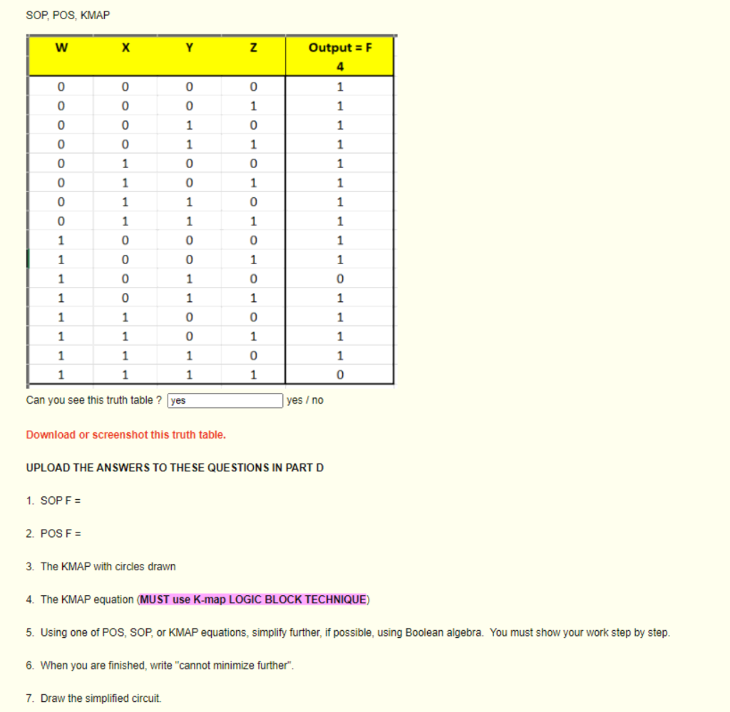Solved SOP, POS, KMAP w X Y N Output = F 4 0 0 o 1 0 0 1 1 O | Chegg.com