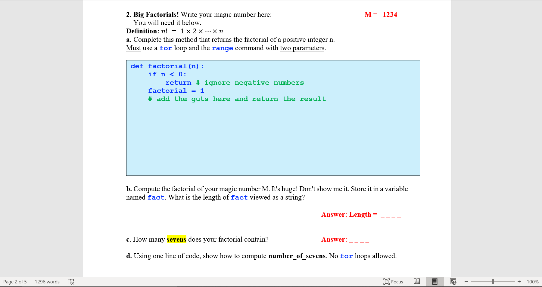 Solved M = 1234 2. Big Factorials! Write your magic number | Chegg.com