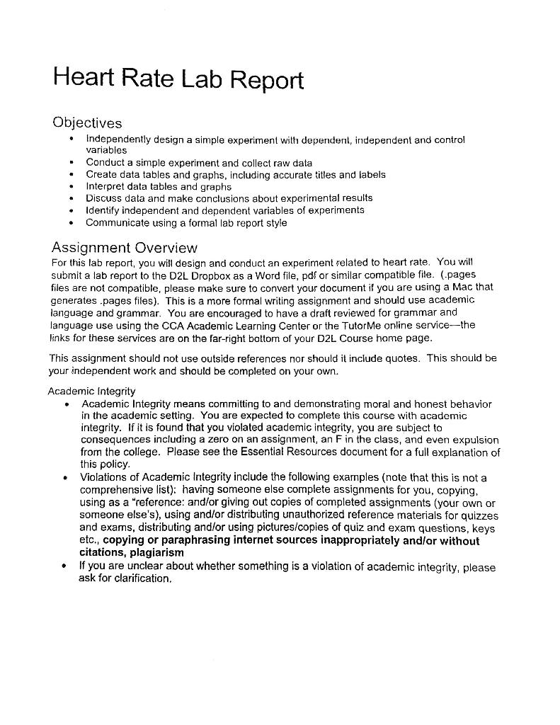 Solved Heart Rate Lab Report . Objectives Independently | Chegg.com