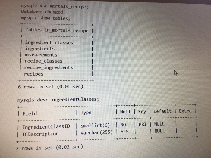 Solved mysql> use mortals recipe; Database changed mysql> | Chegg.com