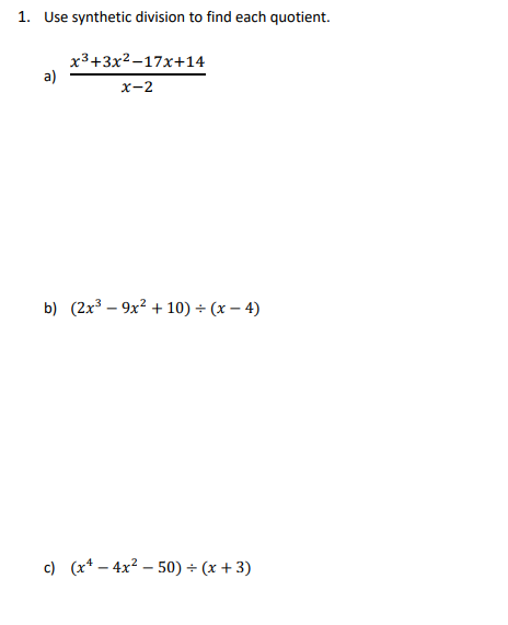Solved Use synthetic division to find each | Chegg.com