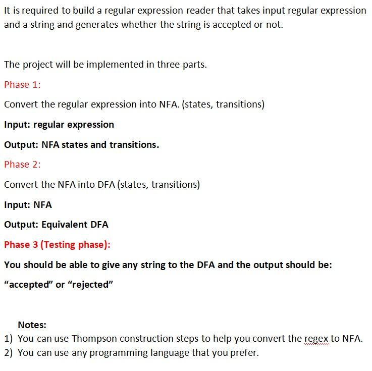 Solved It is required to build a regular expression reader | Chegg.com