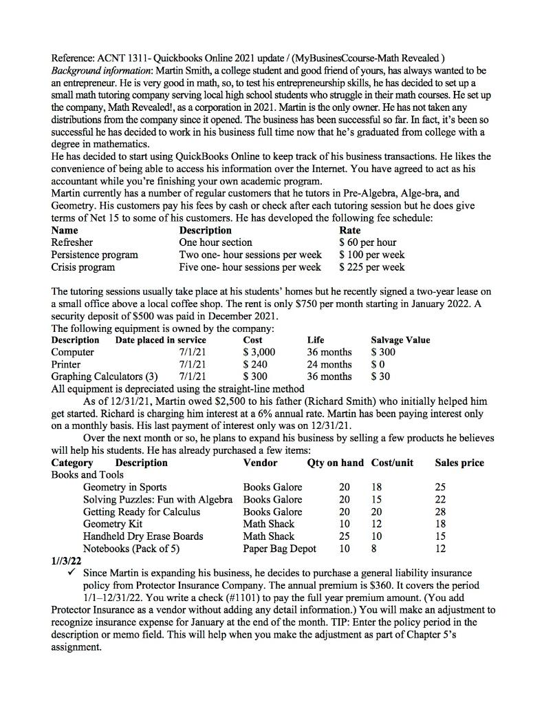 Reference: ACNT 1311- Quickbooks Online 2021 update | Chegg.com