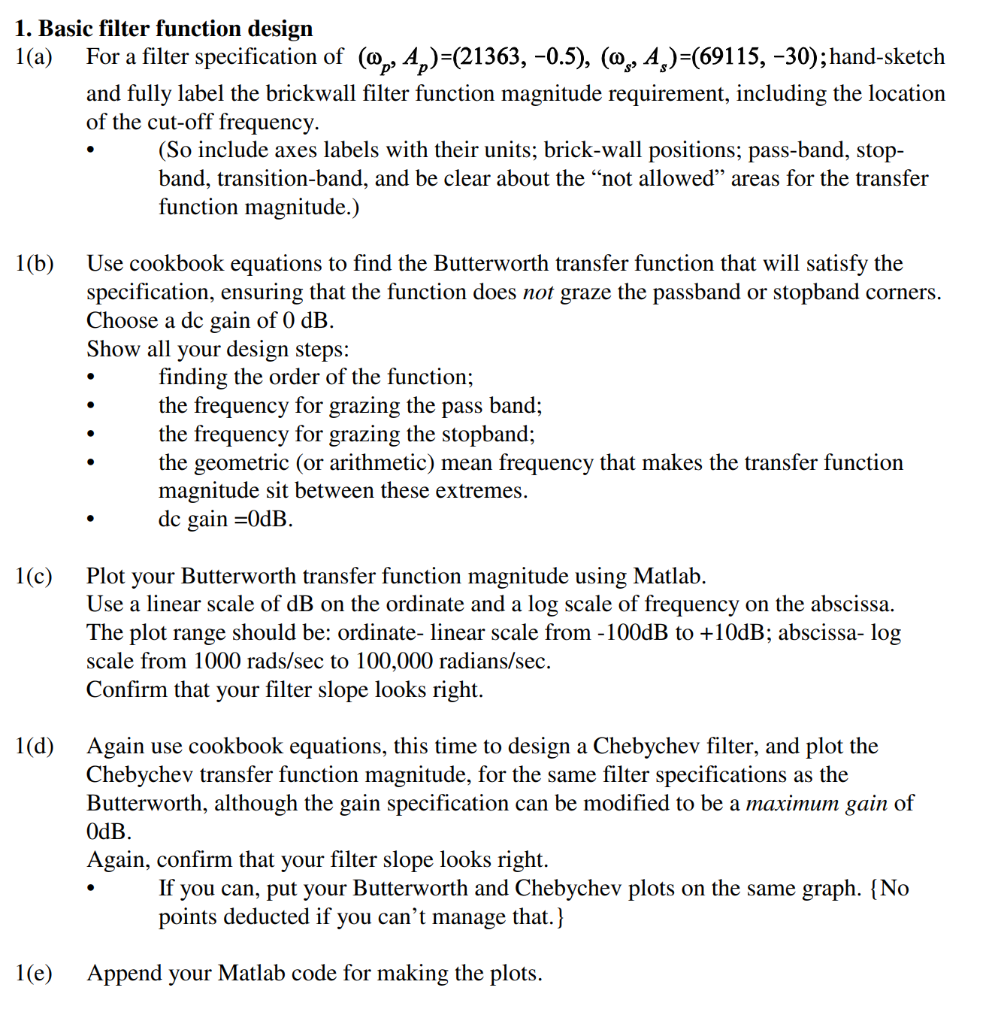 Solved 1. Basic filter function design 1(a) For a filter | Chegg.com