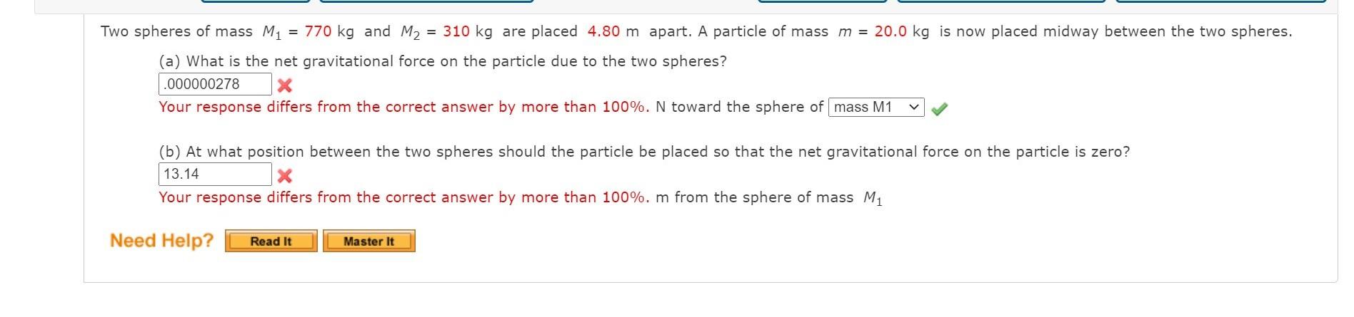Solved Two spheres of mass M1 = 770 kg and M2 = 310 kg are | Chegg.com