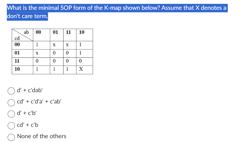 Solved What is the minimal SOP form of the K-map shown | Chegg.com