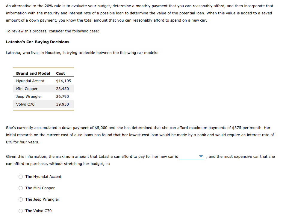 Solved How much car can I afford? Before buying a car, it is | Chegg.com