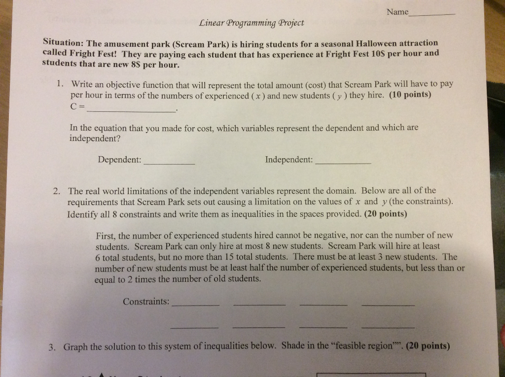 Solved Name Linear Programming Project Situation: The | Chegg.com