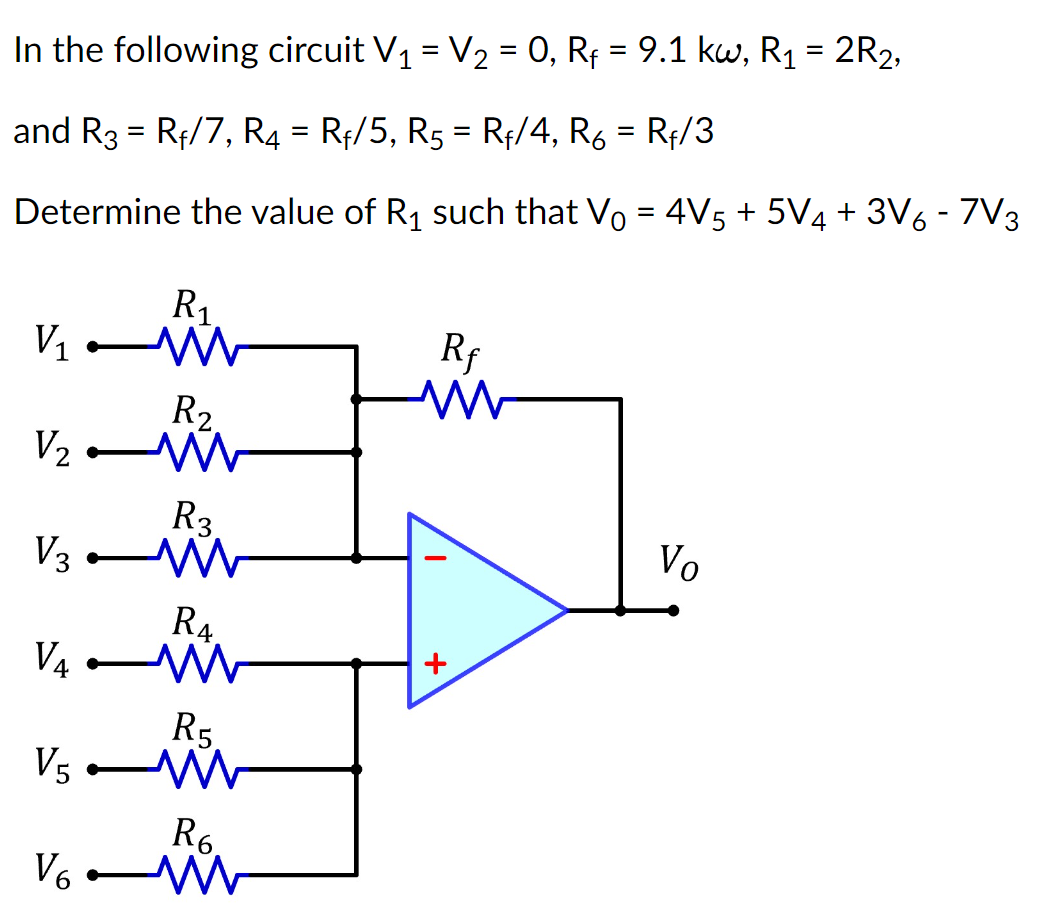 Solved In the following circuit V1=V2=0,Rf=9.1kω,R1=2R2, and | Chegg.com
