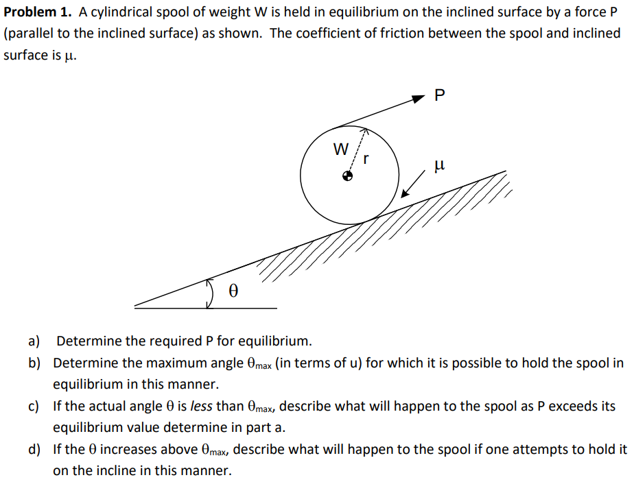 Solved Problem 1. A cylindrical spool of weight W is held in | Chegg.com