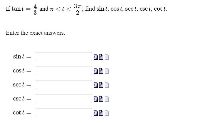 Solved If tant=34 and π | Chegg.com
