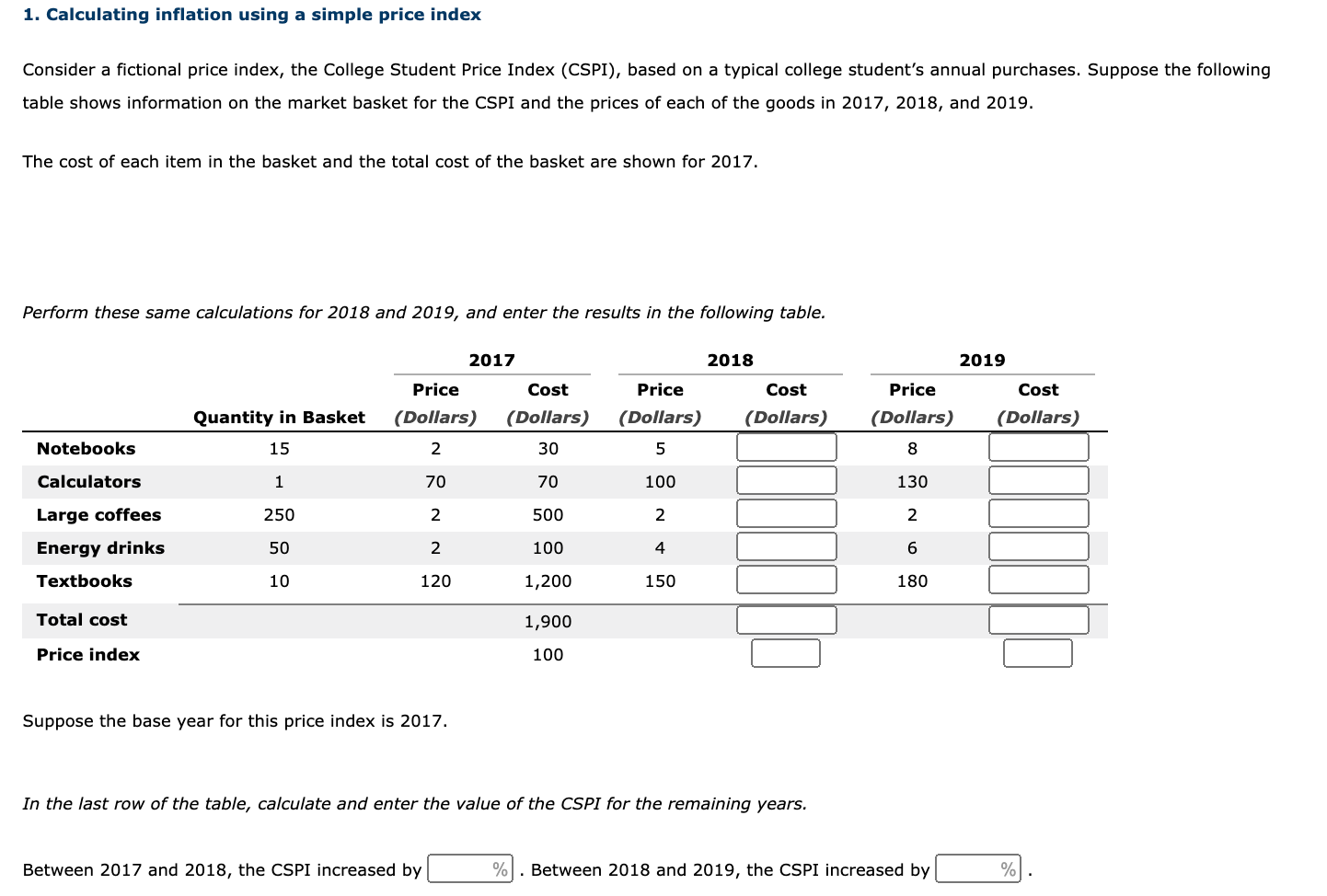 Solved 1. Calculating inflation using a simple price index | Chegg.com