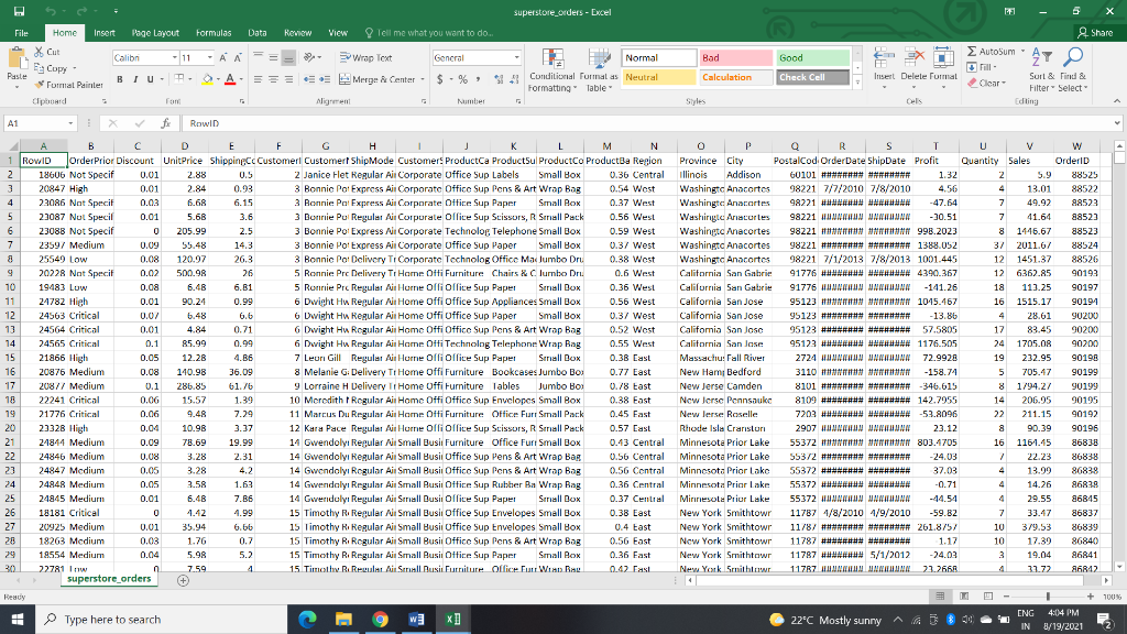 Solved superstore orders - Excel 6 x File Data Review View | Chegg.com