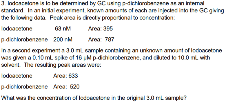Solved 3. lodoacetone is to be determined by GC using | Chegg.com