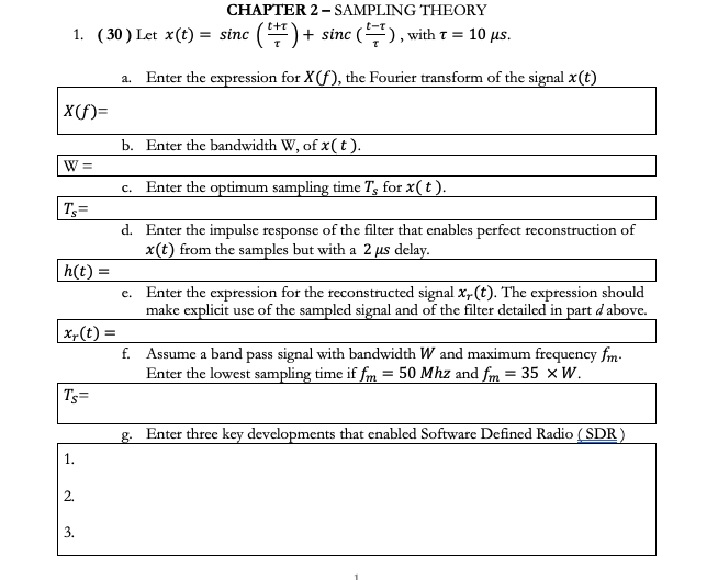 Solved CHAPTER 2-SAMPLING THEORY t+T 1. (30 ) Let X(t) = | Chegg.com