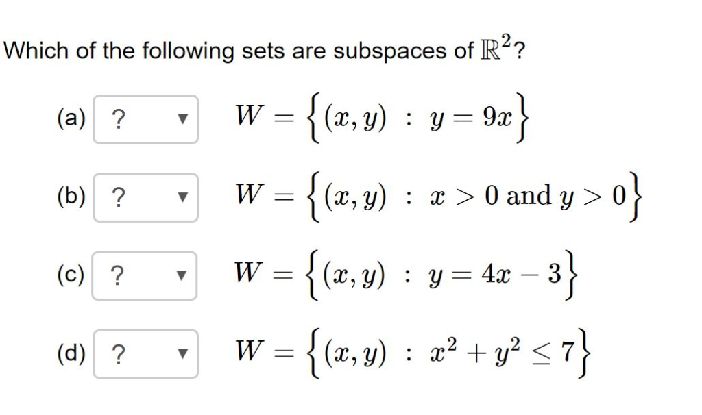 Solved Which of the following sets are subspaces of R? | Chegg.com