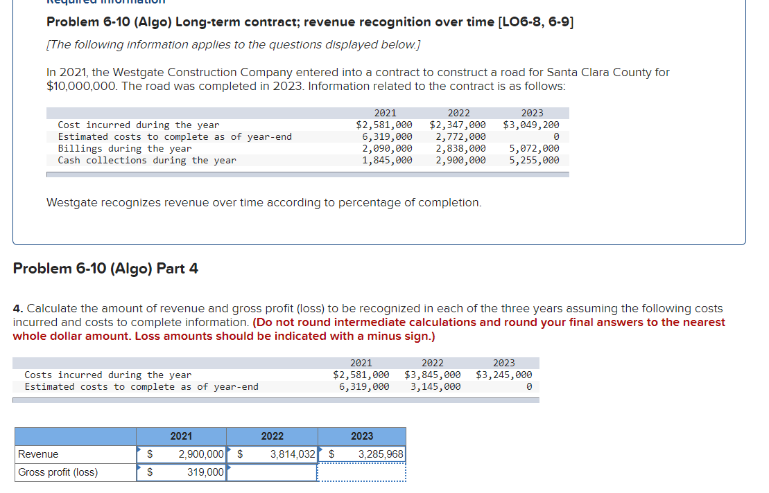Solved Problem 6-10 (Algo) Long-term contract; revenue | Chegg.com