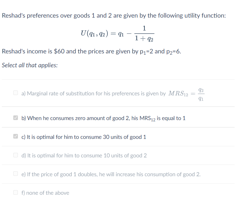 Solved How do you get optimal amount of good 1 = 30 for | Chegg.com