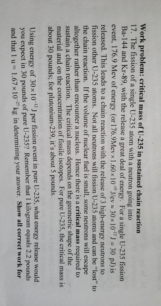 Solved Work problem: critical mass of U-235 in sustained | Chegg.com