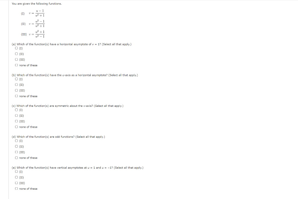 Solved You are given the following functions. (I) v=u2+1u−1 | Chegg.com