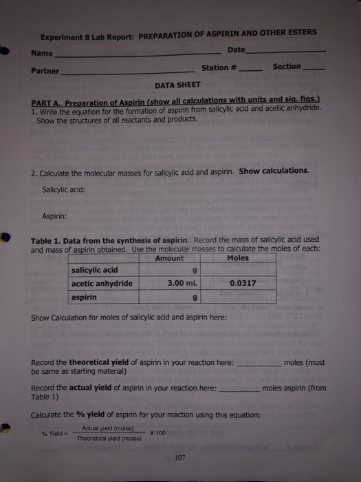 Experiment 8 Lab Report: PREPARATION OF ASPIRIN AN... | Chegg.com