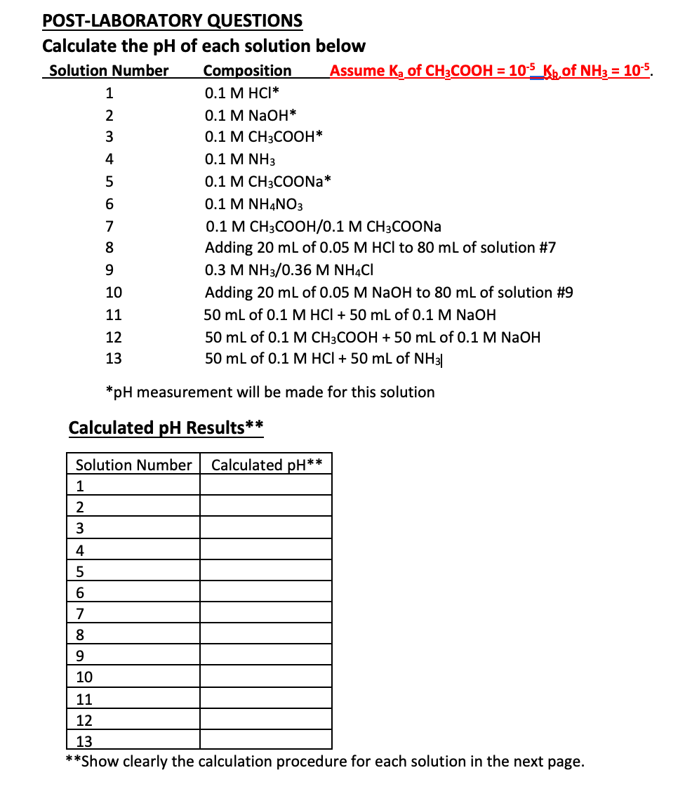 Solved POST-LABORATORY QUESTIONS Calculate the pH of each | Chegg.com