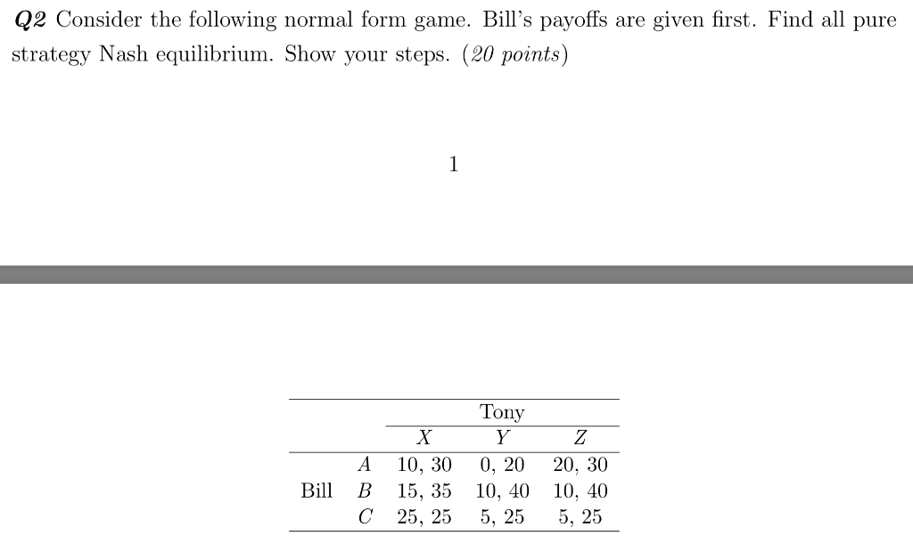 Solved 2 Consider the following normal form game. Bill's | Chegg.com