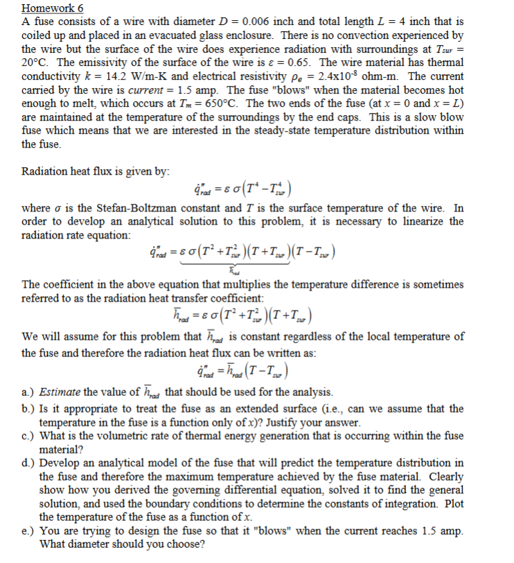 Homework 6A fuse consists of ﻿a wire with diameter | Chegg.com