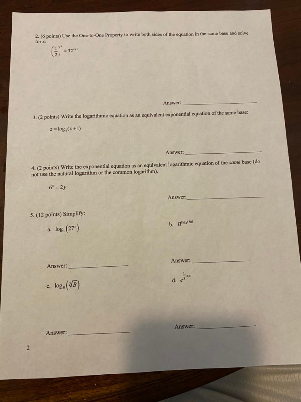 Solved 2. (6 points) Use the One-to-One Property to write | Chegg.com