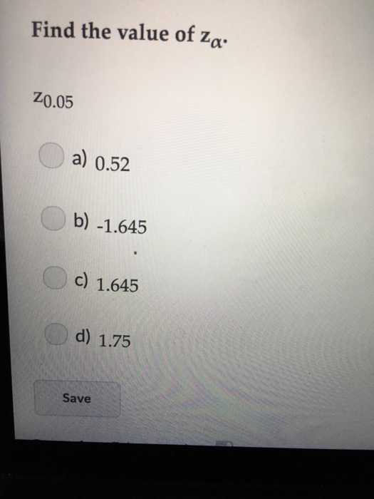 Solved Find the value of a Z0.05 a) 0.52 b) -1.645 c) 1.645 | Chegg.com