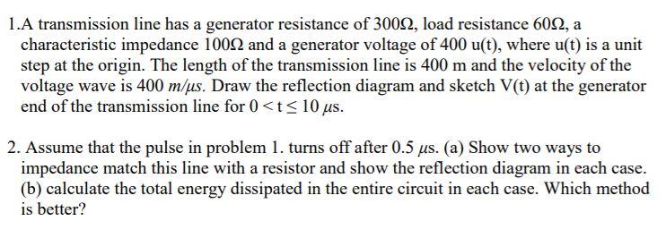1.A transmission line has a generator resistance of | Chegg.com