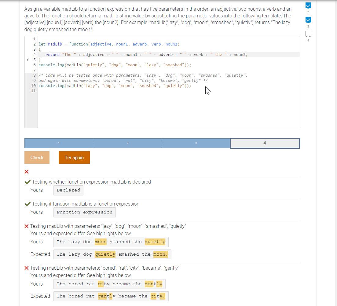 Solved Assign a variable madLib to a function expression | Chegg.com