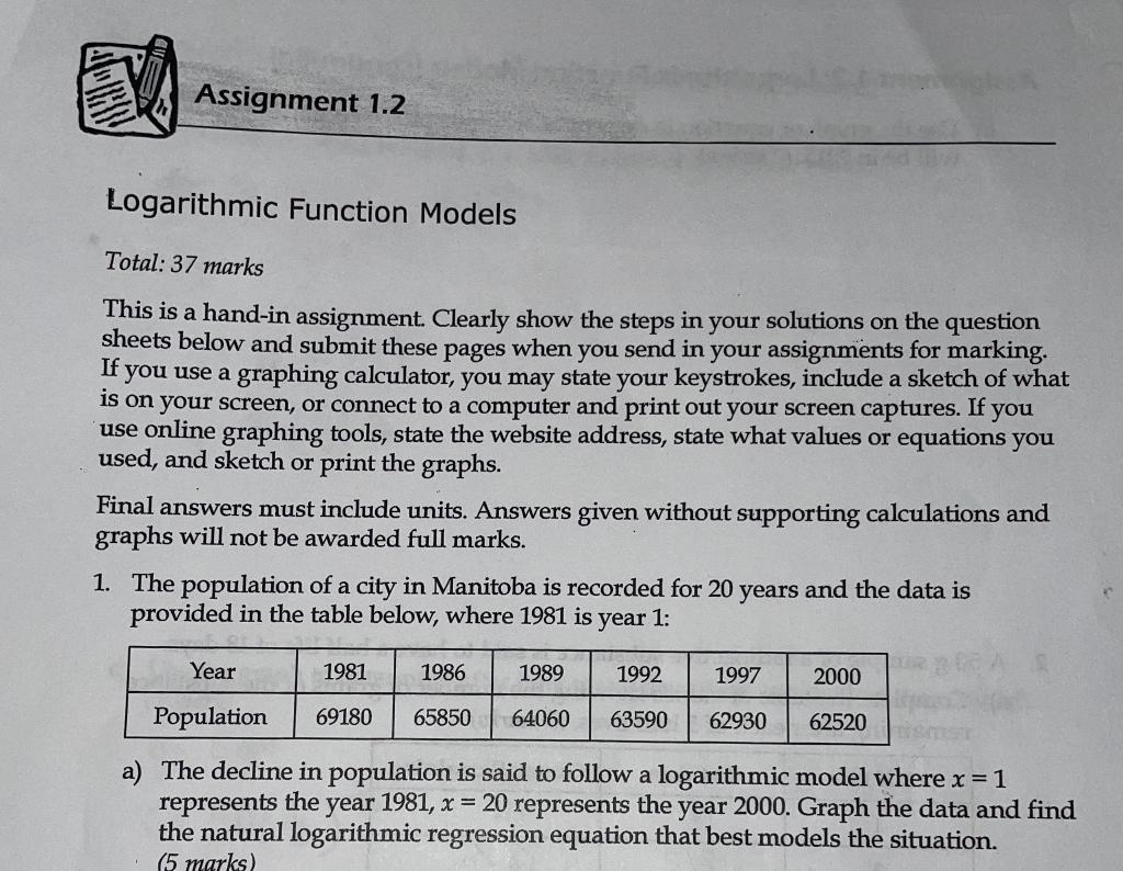 Solved Assignment 1.2 Logarithmic Function Models Total: 37 | Chegg.com