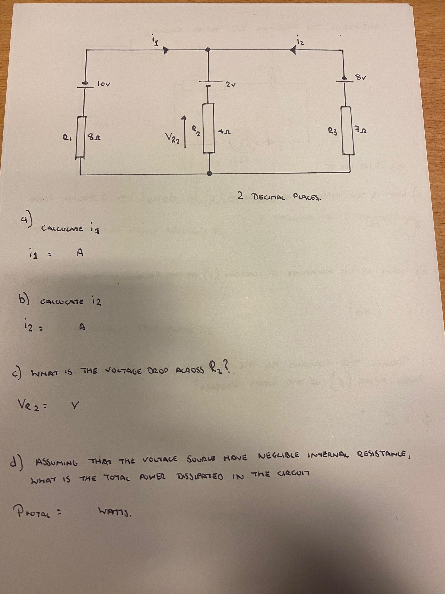 Solved 2 Decimal places. 9) calculate is i1: A b) casculate | Chegg.com