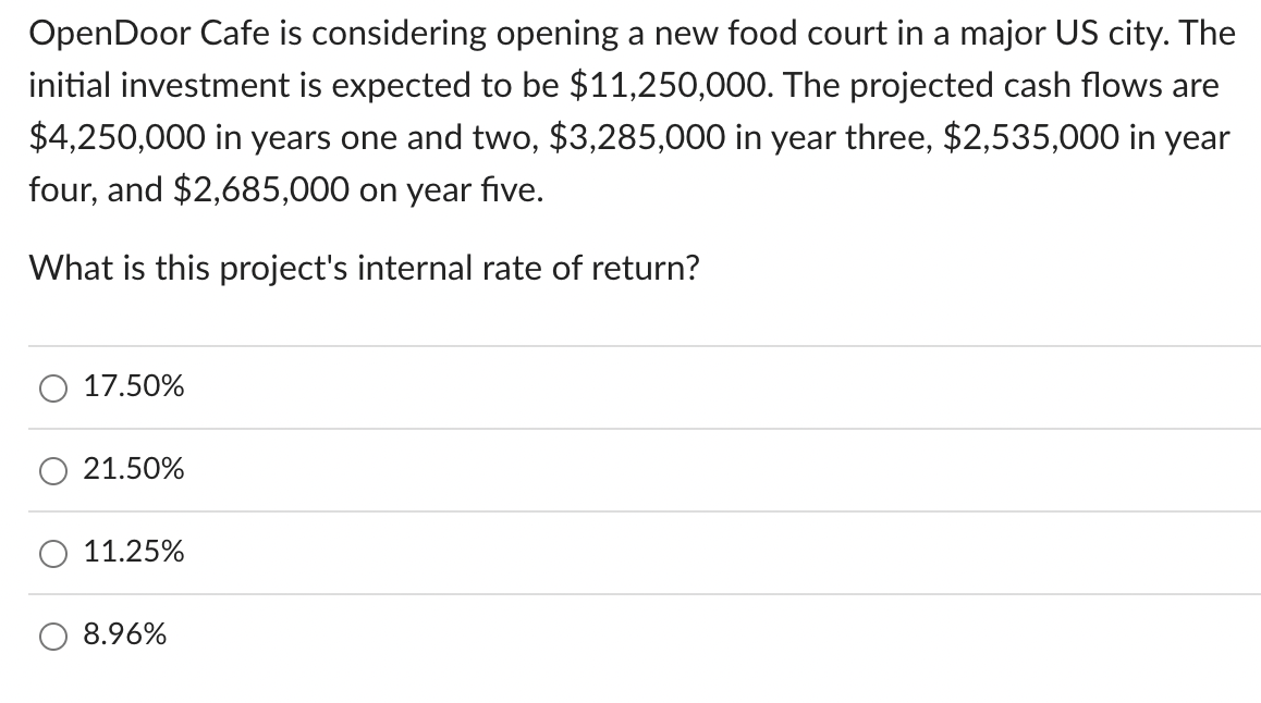 Solved OpenDoor Cafe is considering opening a new food court | Chegg.com