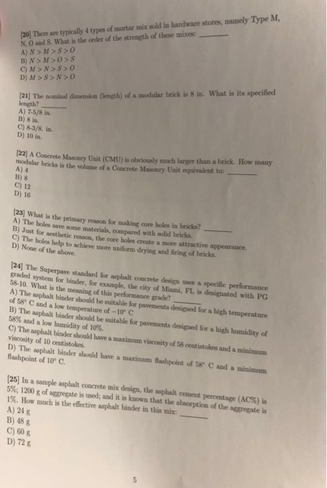 Solved 20 There are typically 4 types of mortar mix sold in | Chegg.com