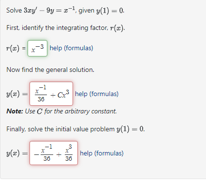 Solved Solve 3xy′−9y=x−1, given y(1)=0. First, identify the | Chegg.com
