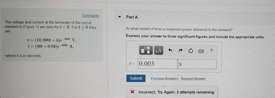 Solved Part A The voltage and current at the terminals of | Chegg.com