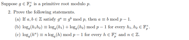 Solved Suppose g∈Fp×is a primitive root modulo p. 2. Prove | Chegg.com