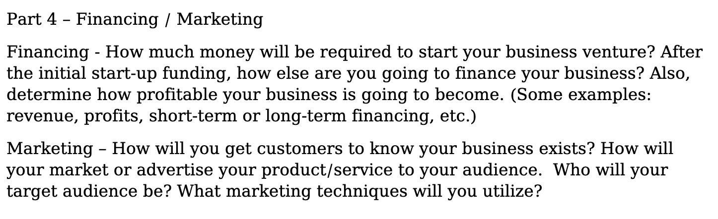 Solved Part 1 - Business Plan / Proposal Write your business | Chegg.com