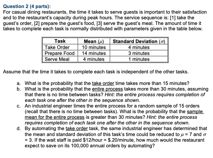 Solved Question 2 (4 parts): For casual dining restaurants, | Chegg.com