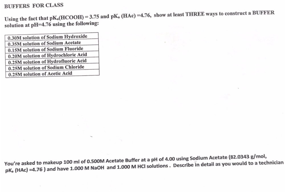 Solved BUFFERS FOR CLASS Using the fact that pKa(НСООН)-3.75 | Chegg.com