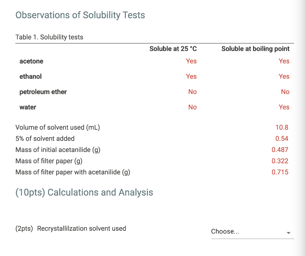 Solved Observations of Solubility Tests Table 1. Solubility | Chegg.com