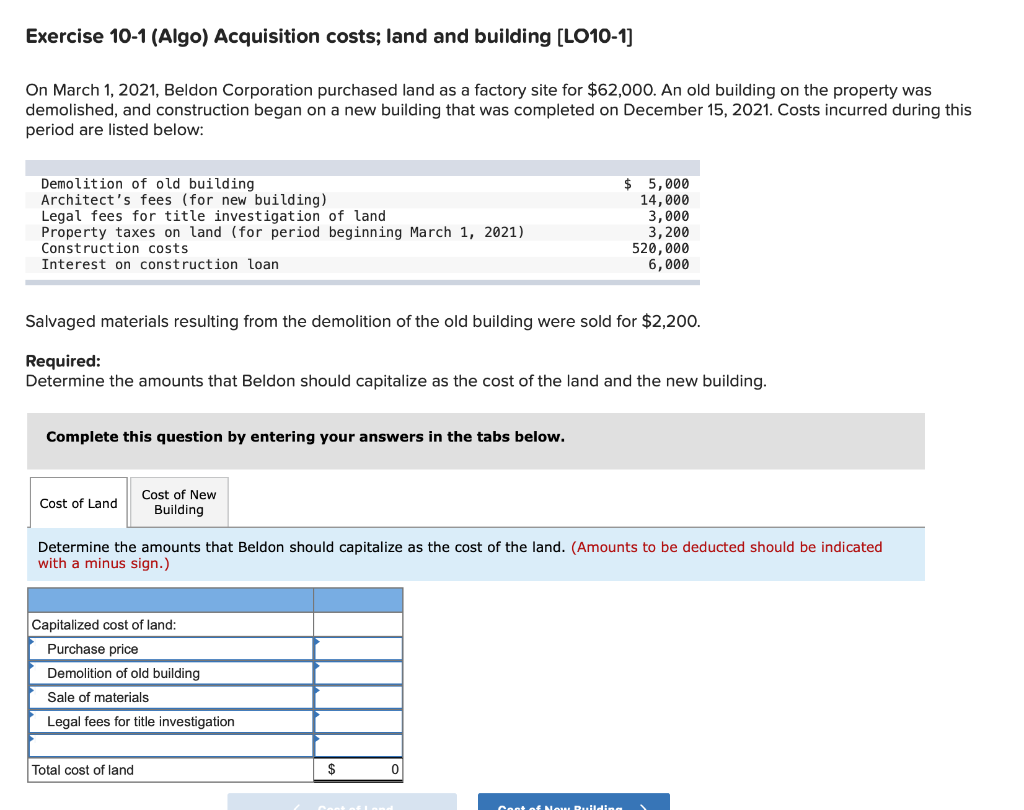 Solved Exercise 10-1 (Algo) Acquisition costs; land and | Chegg.com